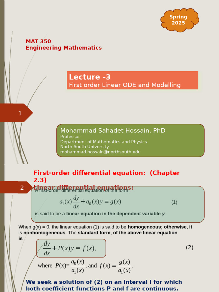 Spring 2025 Lecture 3A Linear ODE-1 | PDF | Ordinary Differential ...