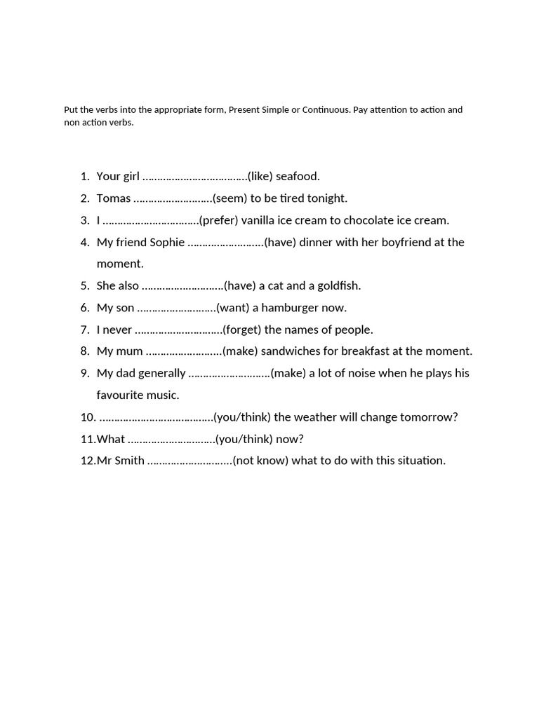 Action vs Non-Action Verbs Exercise | PDF