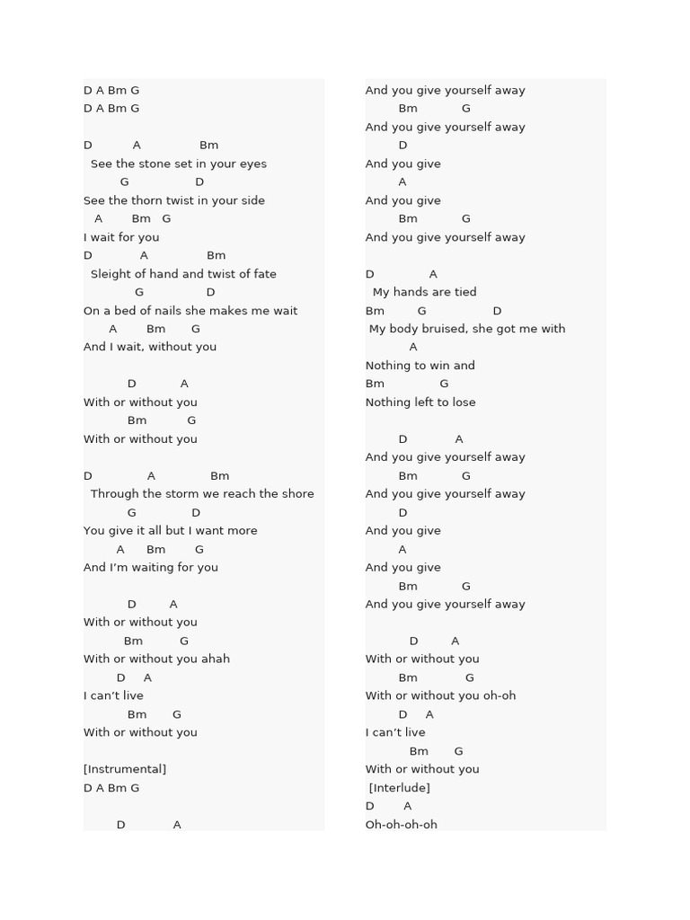 "With or Without You Chords" | PDF | Song Structure | Songs