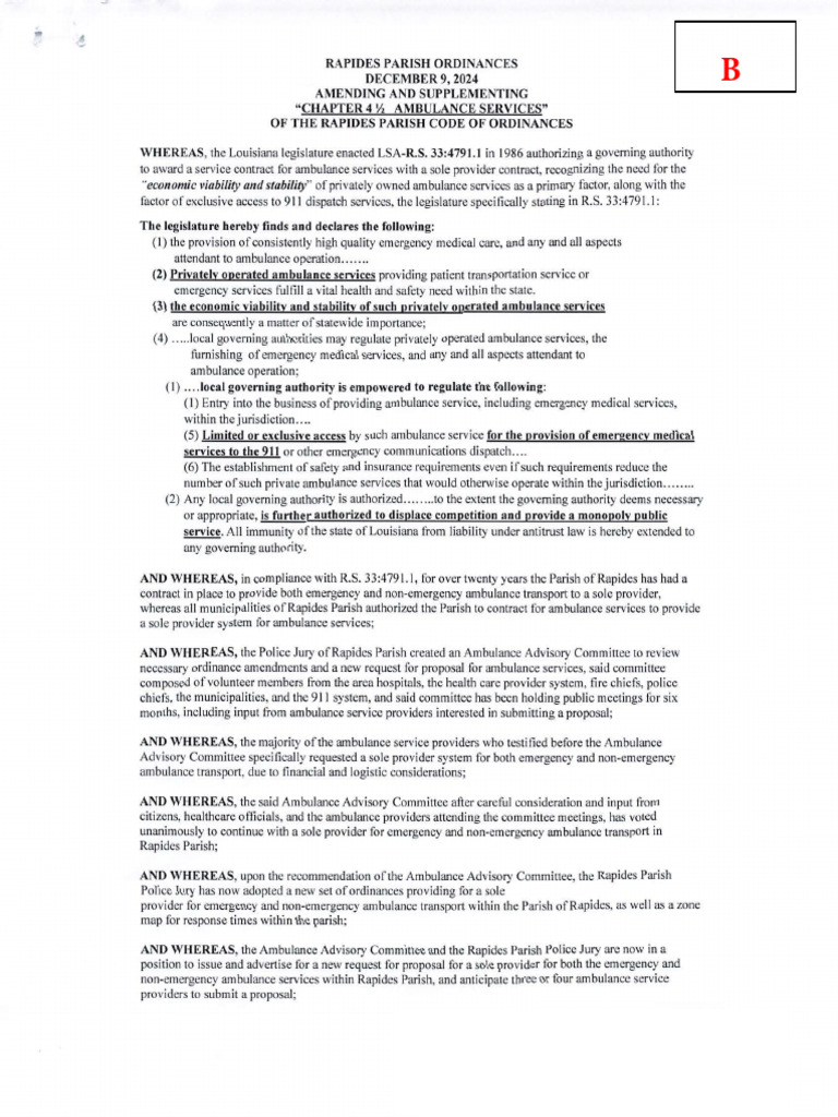 Rapides Parish Ambulance Service Ordinance | PDF | Emergency Medical ...