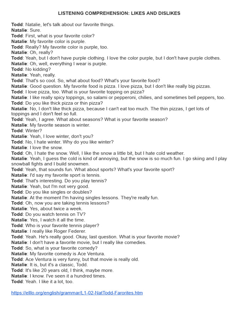 Listening Comprehension - Likes and Dislikes | PDF