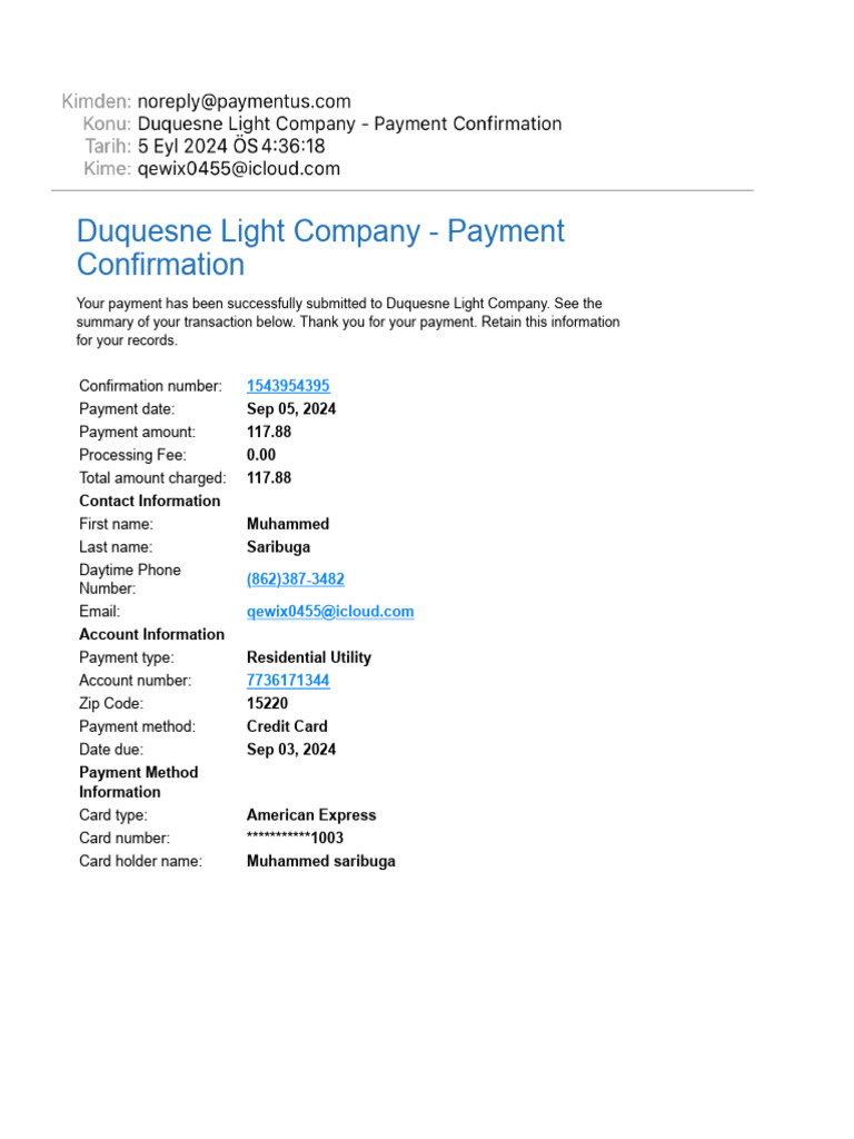Duquesne Light Company Payment Confirmation Pdf