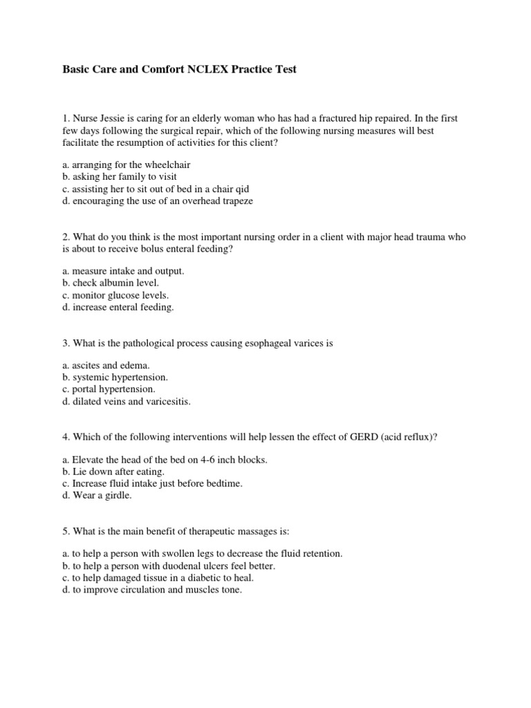 Basic Care and Comfort NCLEX Practice Test | PDF | Esophagus ...