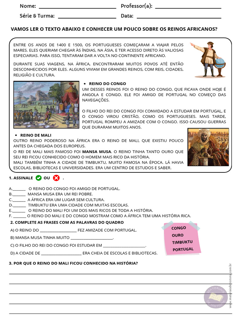 Atividade Adaptada Congo Mali | PDF | África | Portugal