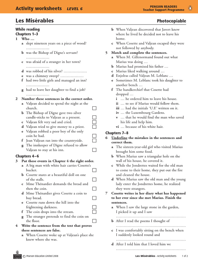 Les Misérables Activity Worksheets | PDF | Cosette | Marius Pontmercy