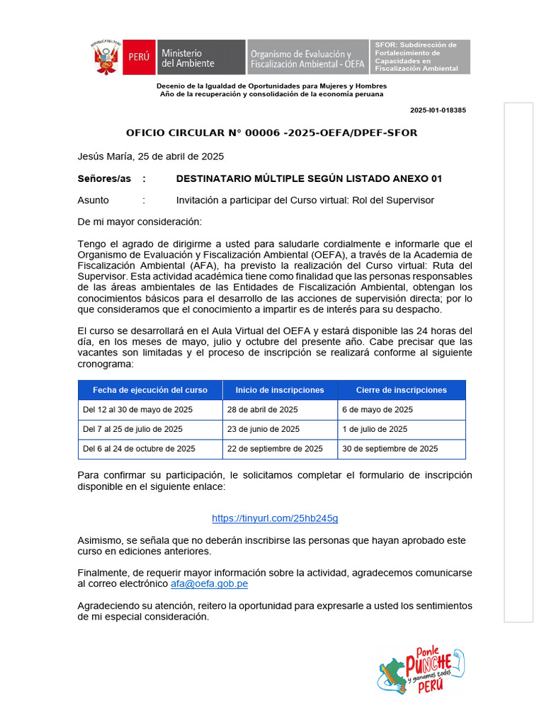 Oficio Circular #00006 - 2025-Oefa Dpef-Sfor | PDF | Perú