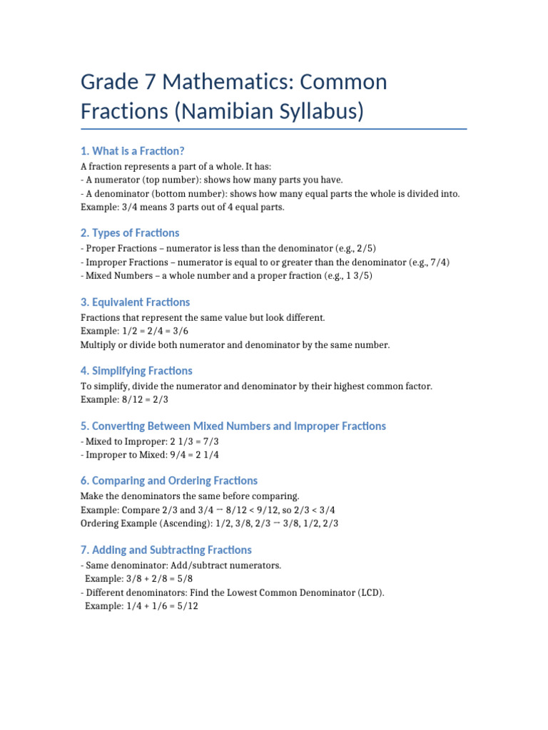 Grade 7 Common Fractions Guide | PDF