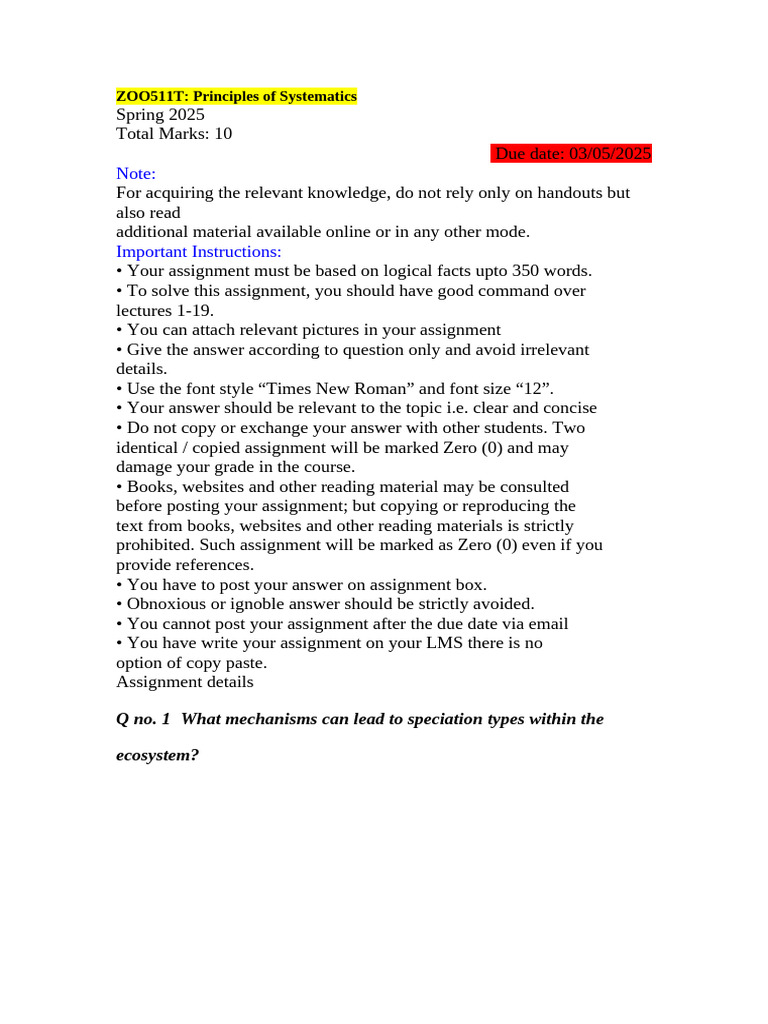 Spring 2025 - ZOO511T - 1 | PDF | Evolutionary Biology | Biological Evolution