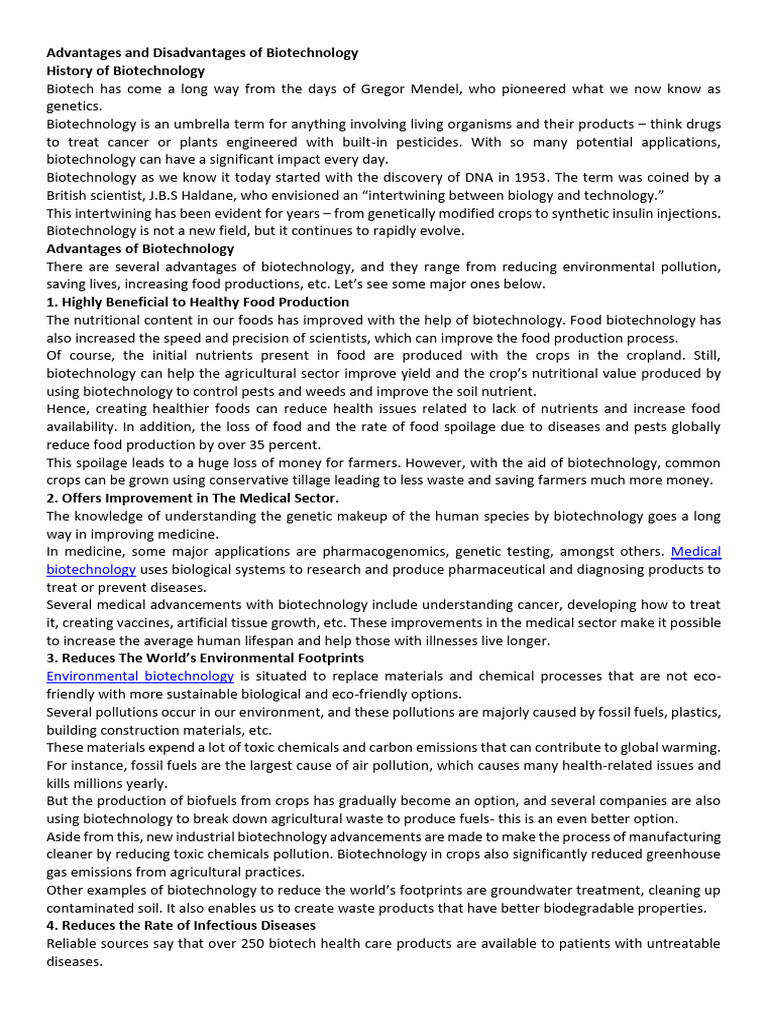 Advantages and Disadvantages of Biotechnology | PDF | Biotechnology ...