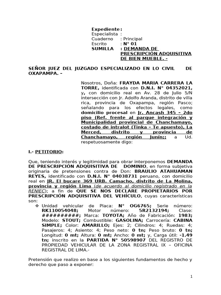 Demanda de Prescripción Adquisitiva de Vehículo | PDF | Posesión (Ley ...