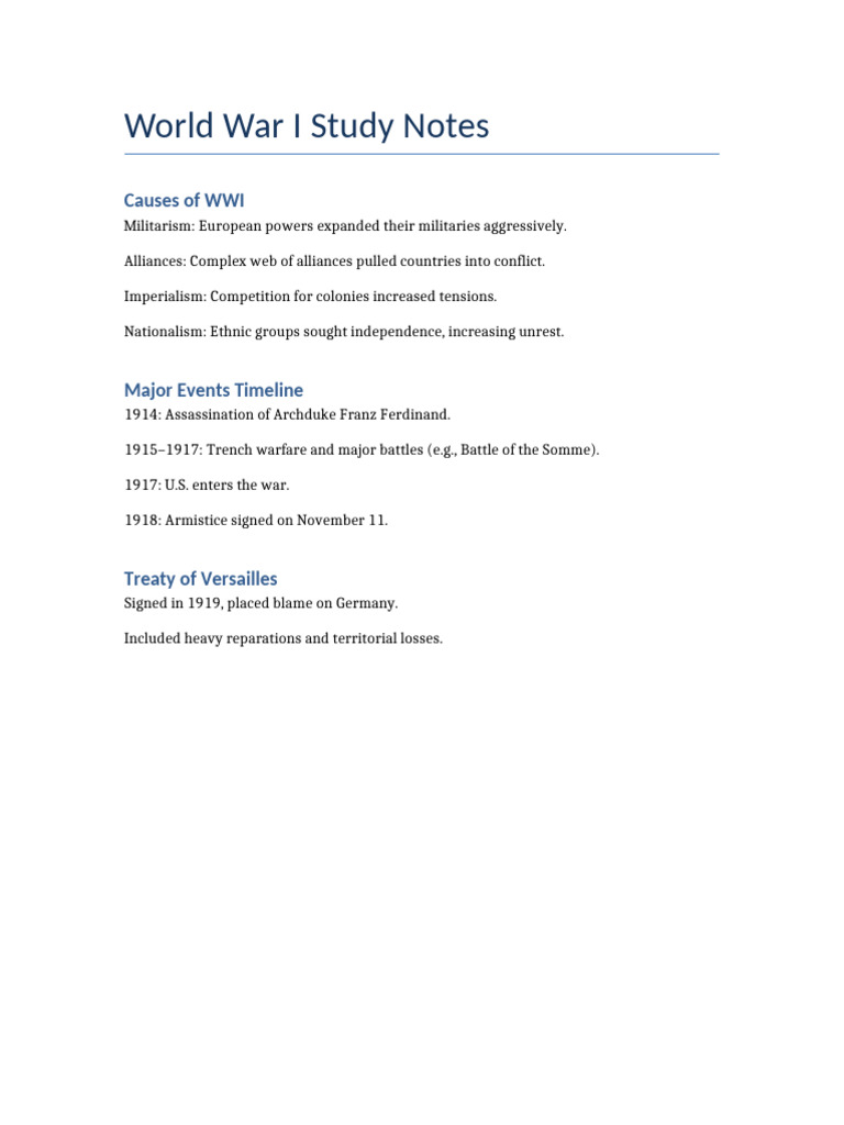 World War I Study Notes | PDF