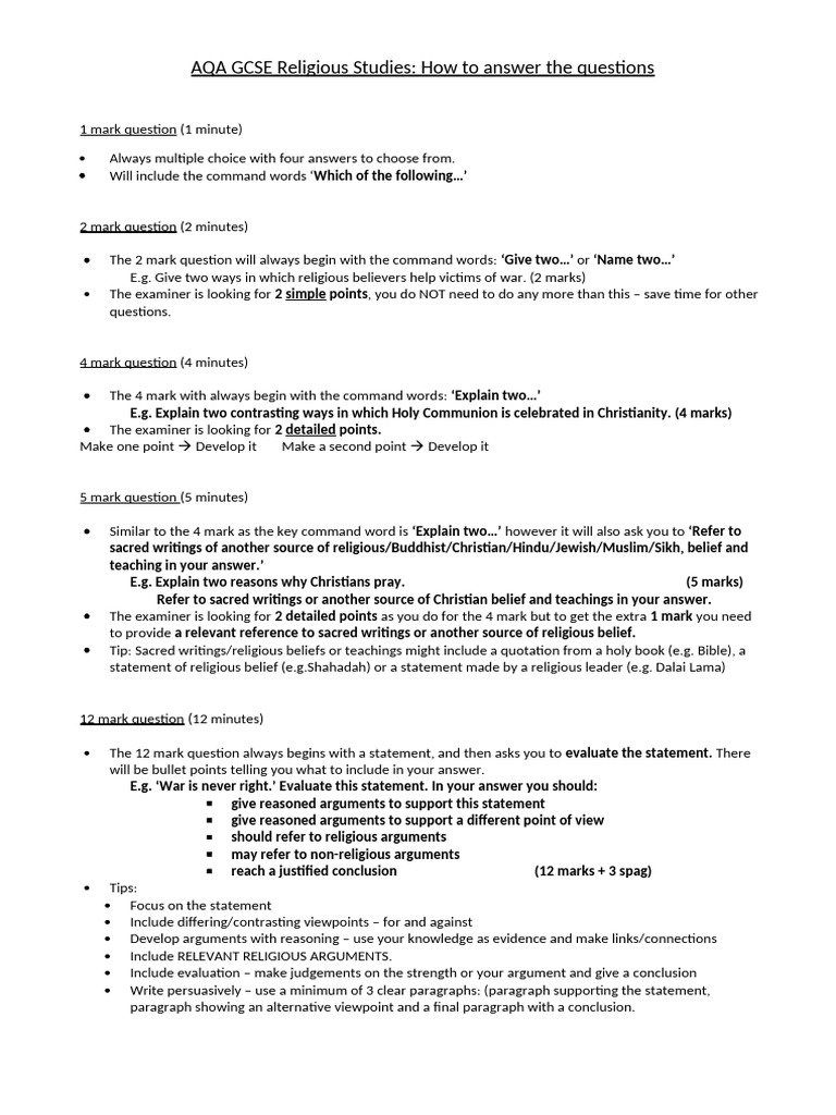 AQA GCSE Religious Studies Question Guide | PDF | Argument | Religious ...