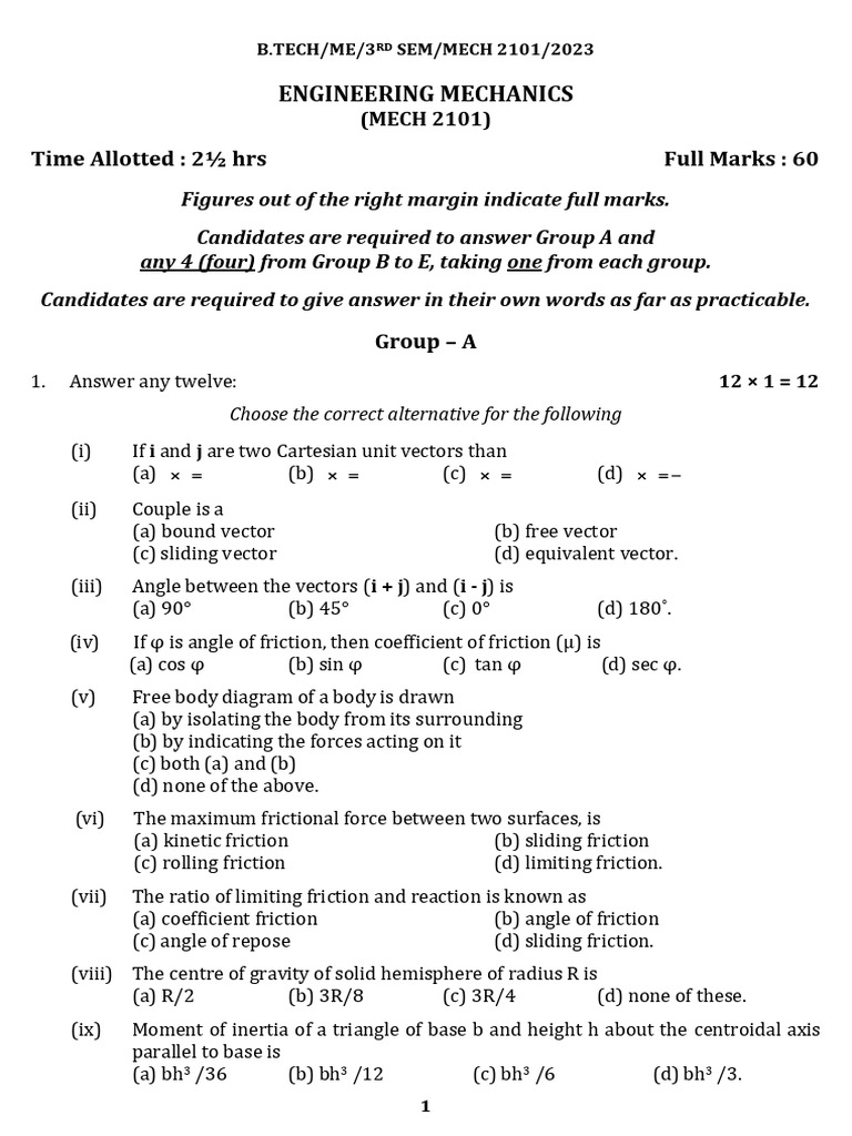 Engineering Mechanics - Mech 2101 - 2023 | PDF | Friction | Force
