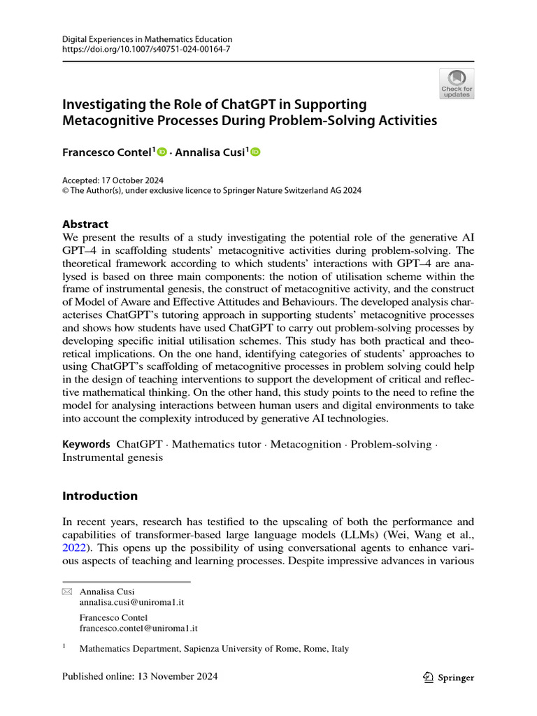 Investigating The Role of ChatGPT in Supporting Metacognitive Processes During Problem Solving ...