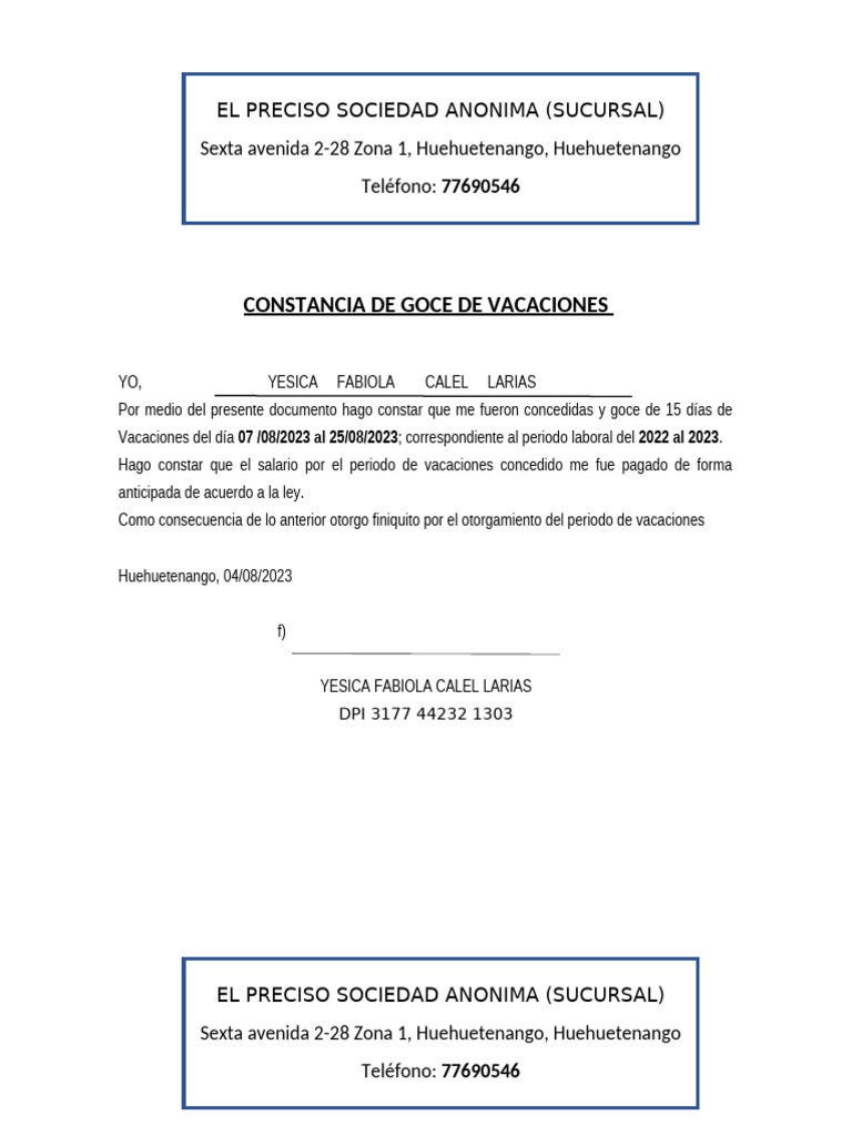 Constancia de Gose de Vaciones | PDF