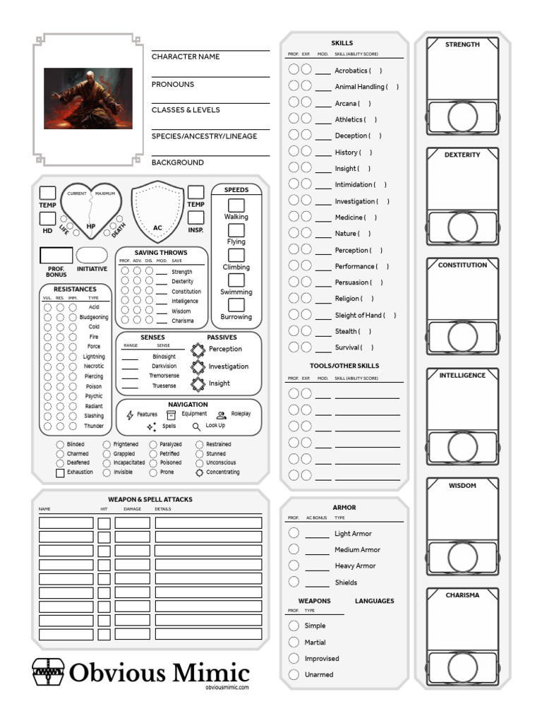 Pre-Made Monk - Obvious Mimic Character Sheet - Fillable | PDF | Role ...