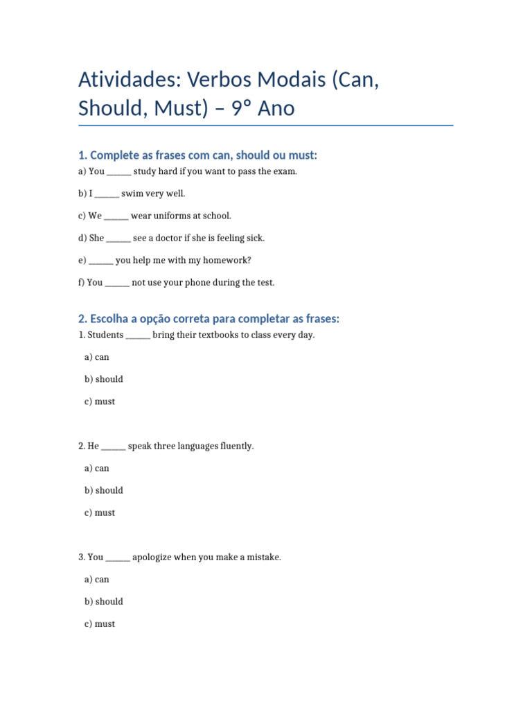 Modal Verbs Activities for 9th Grade | PDF