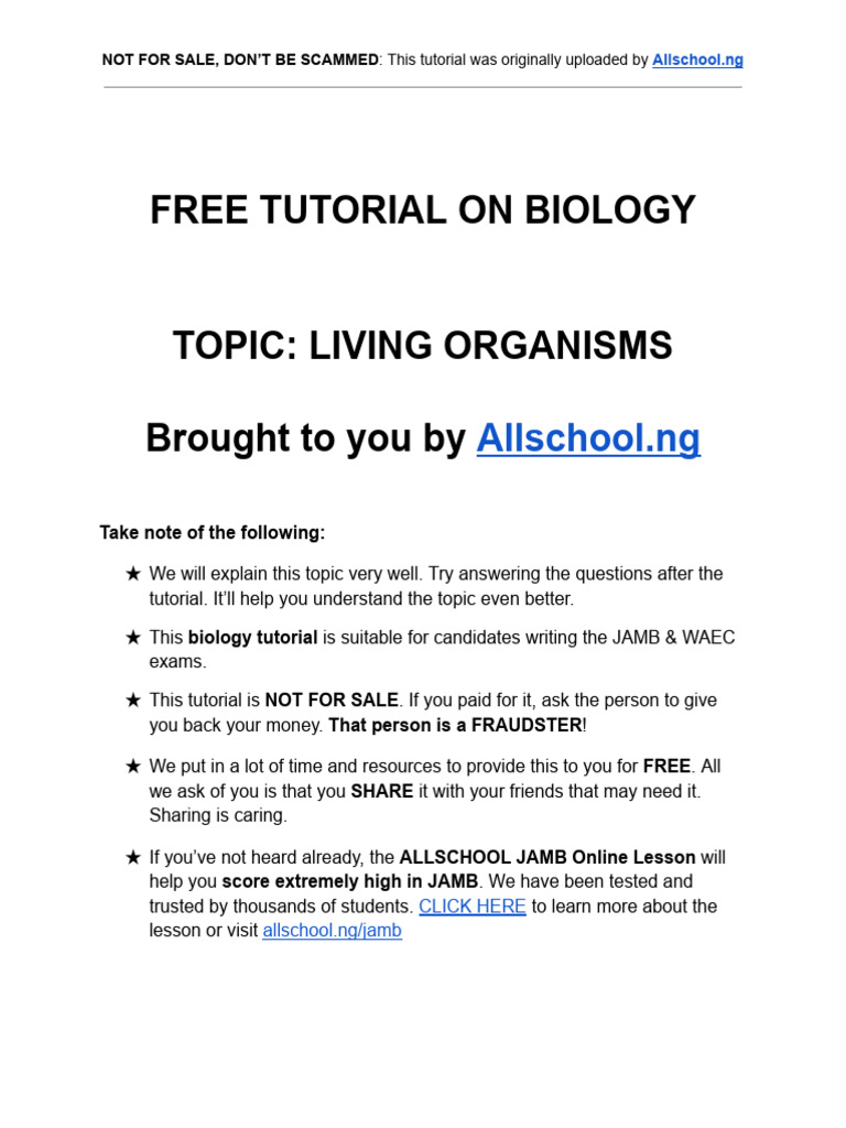 Biology Tutorial On Living Organisms 1 | PDF | Cell (Biology ...