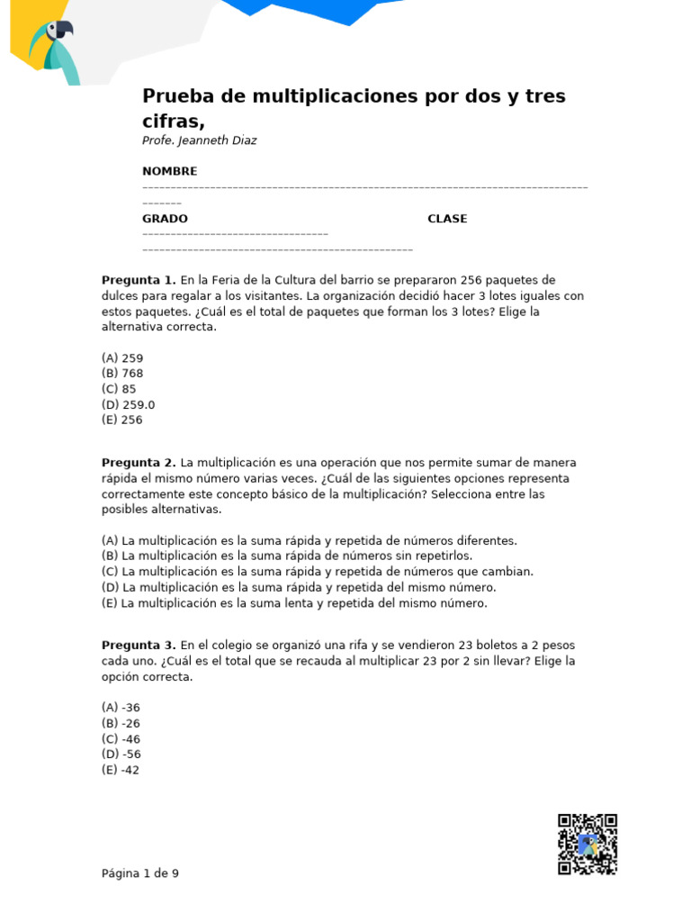 Prueba de multiplicación: 2 y 3 cifras | PDF | Multiplicación ...