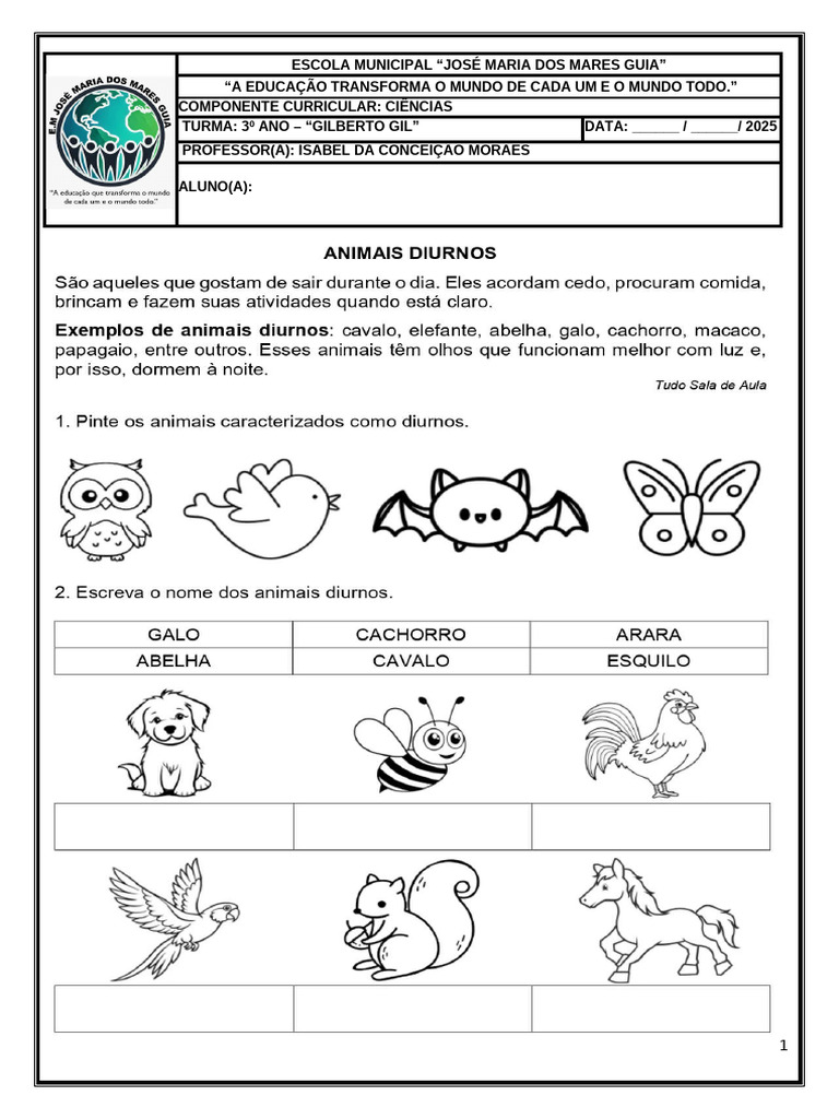 Animais Diurno e Noturno | PDF