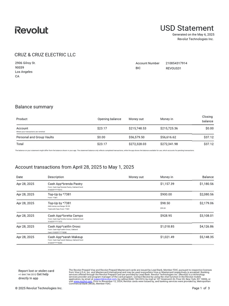Revolut USD Statement Summary 2025 | PDF | Visa Inc. | Master Card