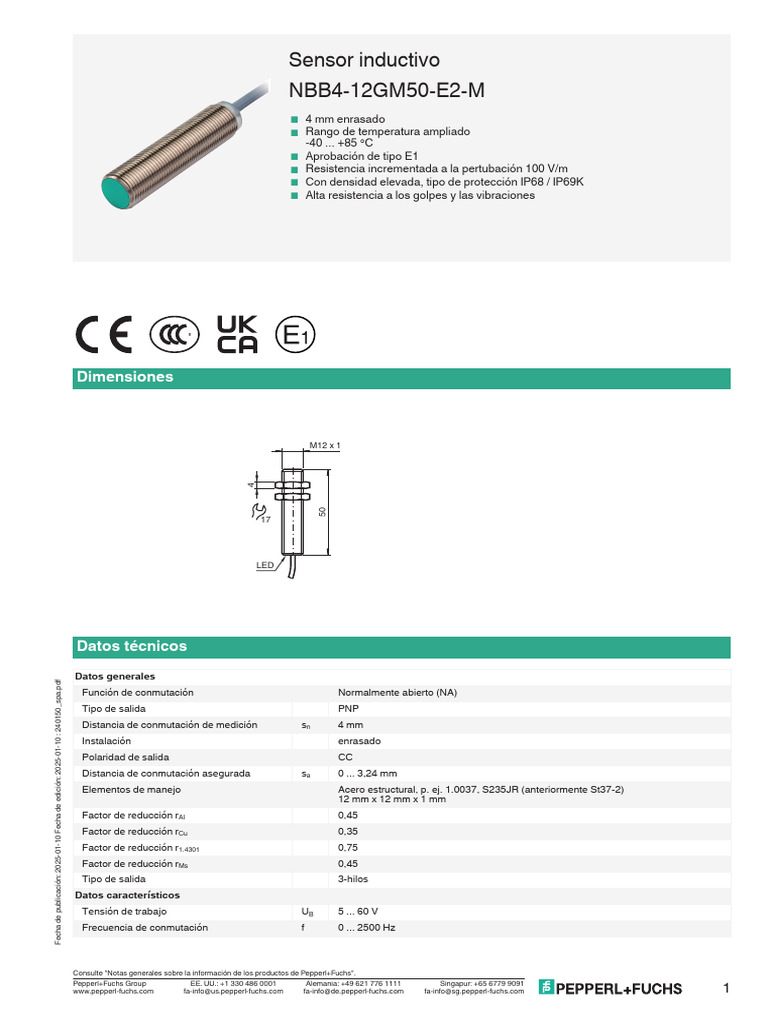 Sensor Inductivo NBB4-12GM50-E2-M: Dimensiones | PDF