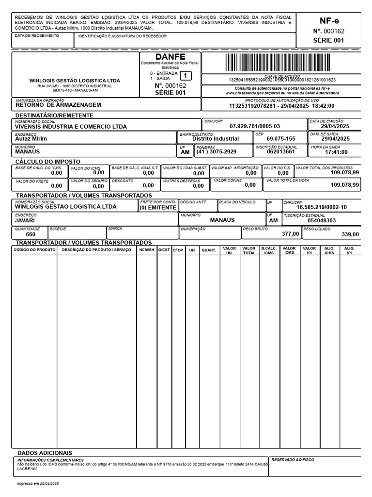 Danfe-Nfe-Sefaz 162 CAIU8595458 | PDF | Recibo | Equipamento elétrico
