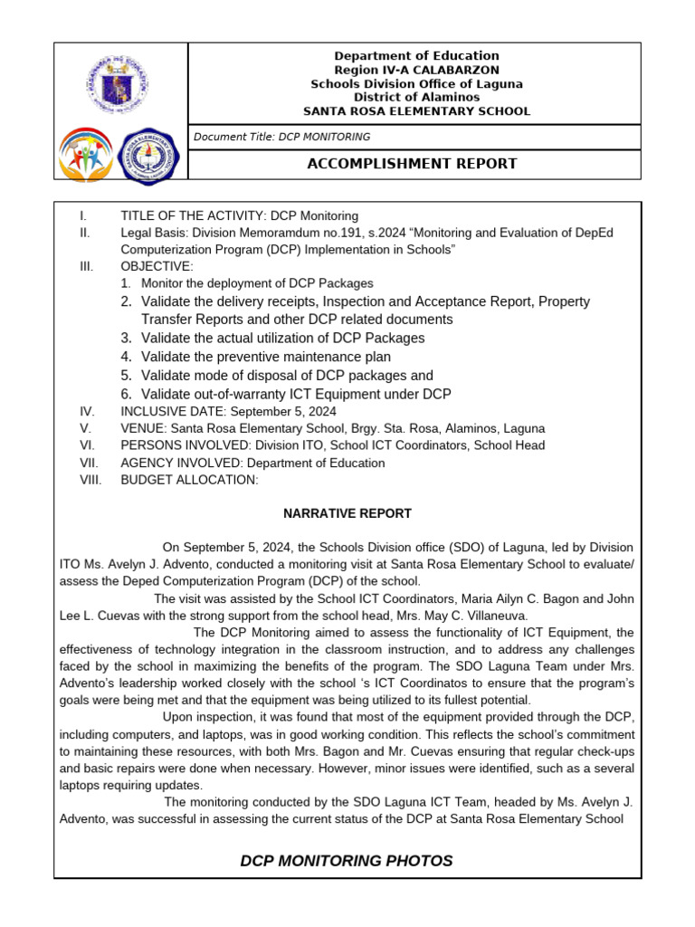 Accomplishment Report DCP MONITORING 2024 | PDF | Information And Communications Technology