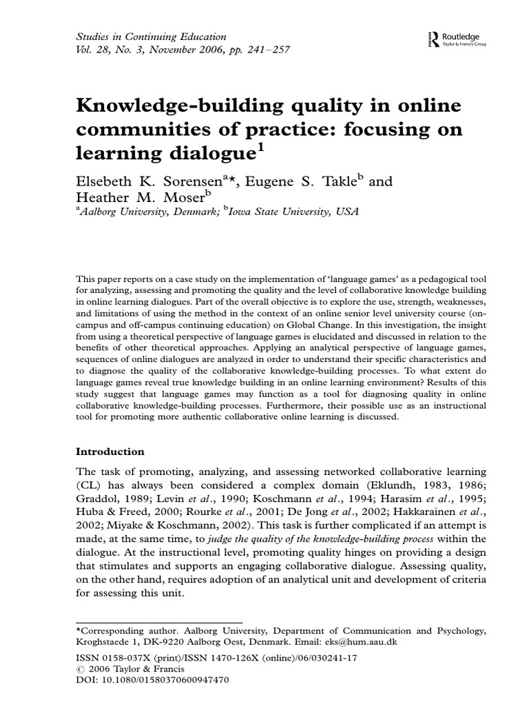 Knowledge-Building Quality in Online Communities of Practice - Focusing On Learning Dialogue ...