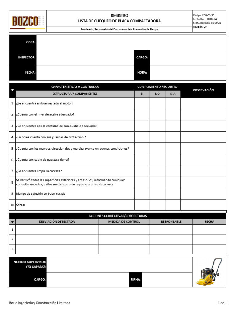 REG-05-30 Rev.00 Lista Chequeo Placa Compactadora | PDF