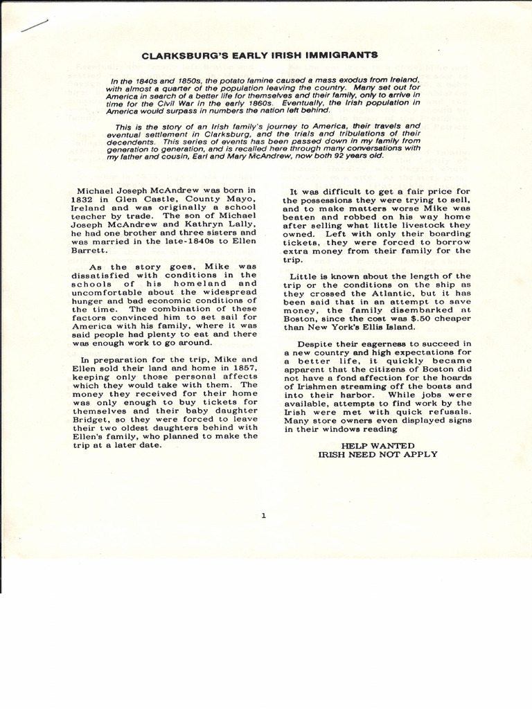 Clarksburg's Early Irish Immigrants | PDF