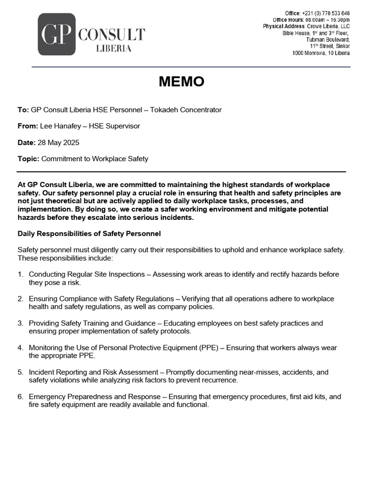 Workplace Safety Commitment Memo | PDF | Occupational Safety And Health ...