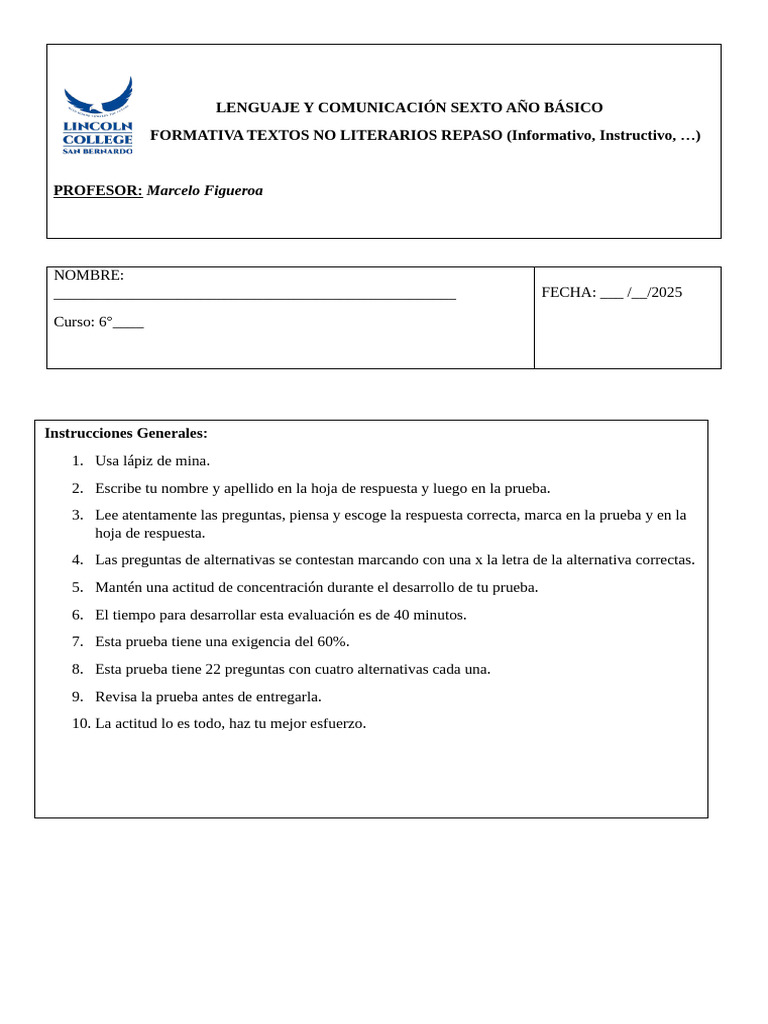 Formativa Tipos de Textos No Literarios Sexto Año Básico | PDF | Comunicación | Información
