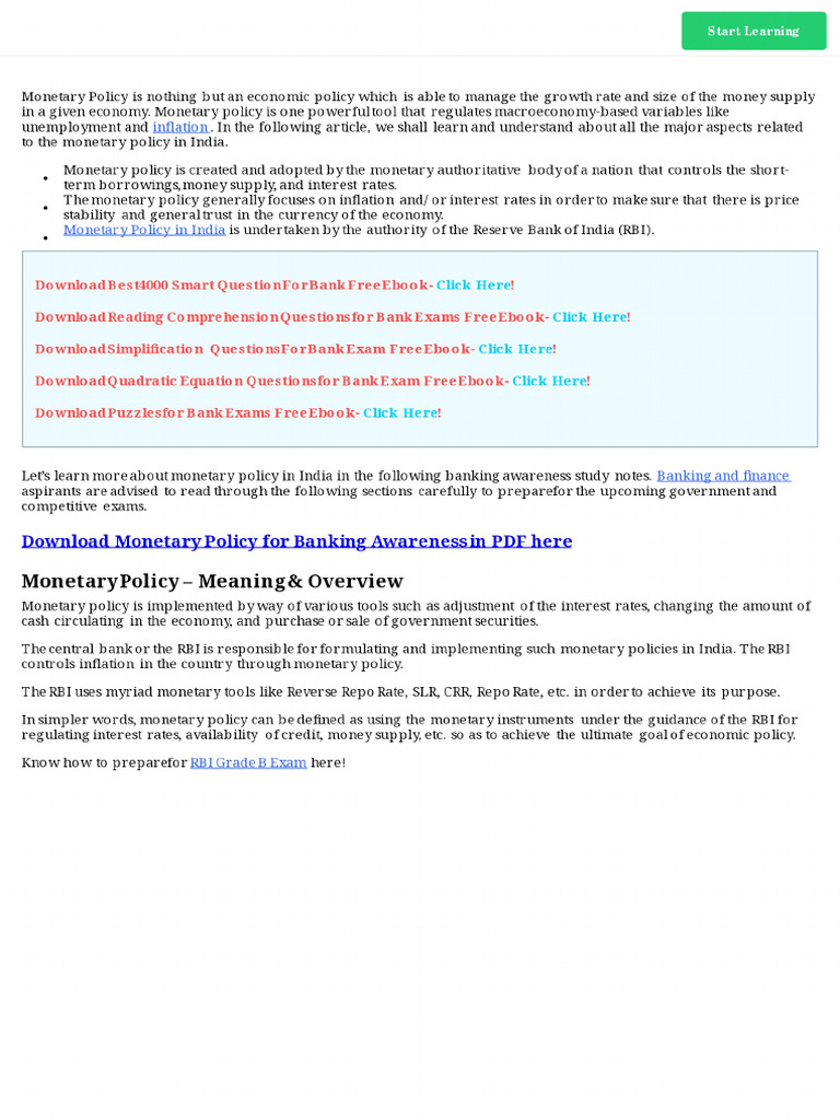 Monetary Policy in India Notes - Meaning, Objectives, Instruments | PDF