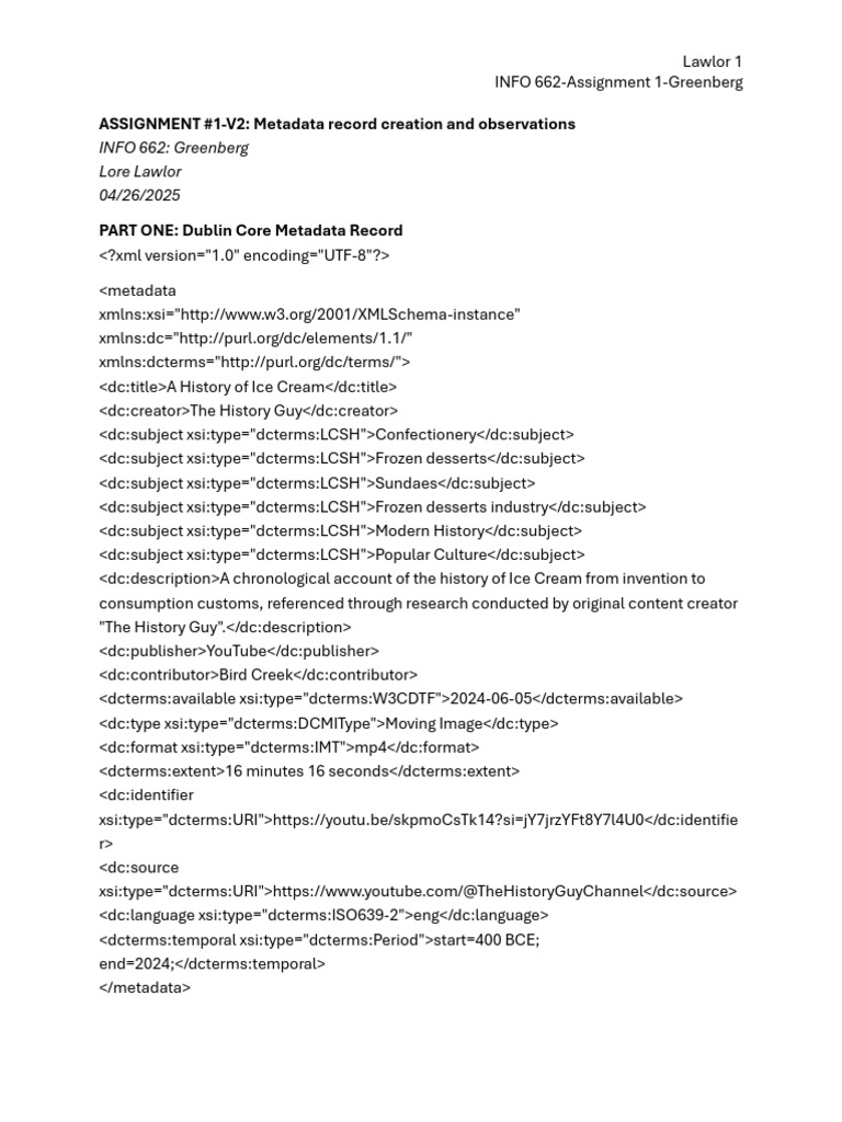 V2 - LAWLOR - INFO - 662 - Assignment 1 - Metadata - Record | PDF | Metadata | Computing