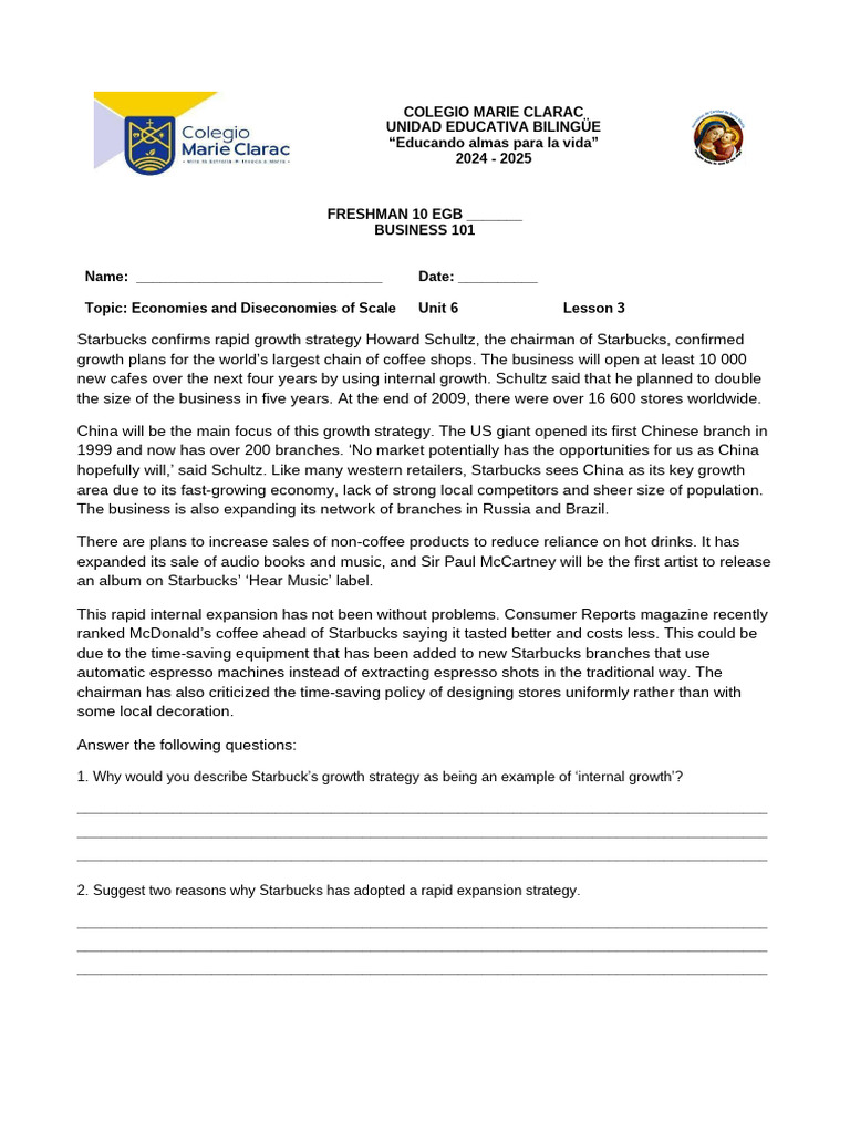 Cmgmxy U6 L3 Economies and Diseconomies of Scale Ws. | PDF | Starbucks ...
