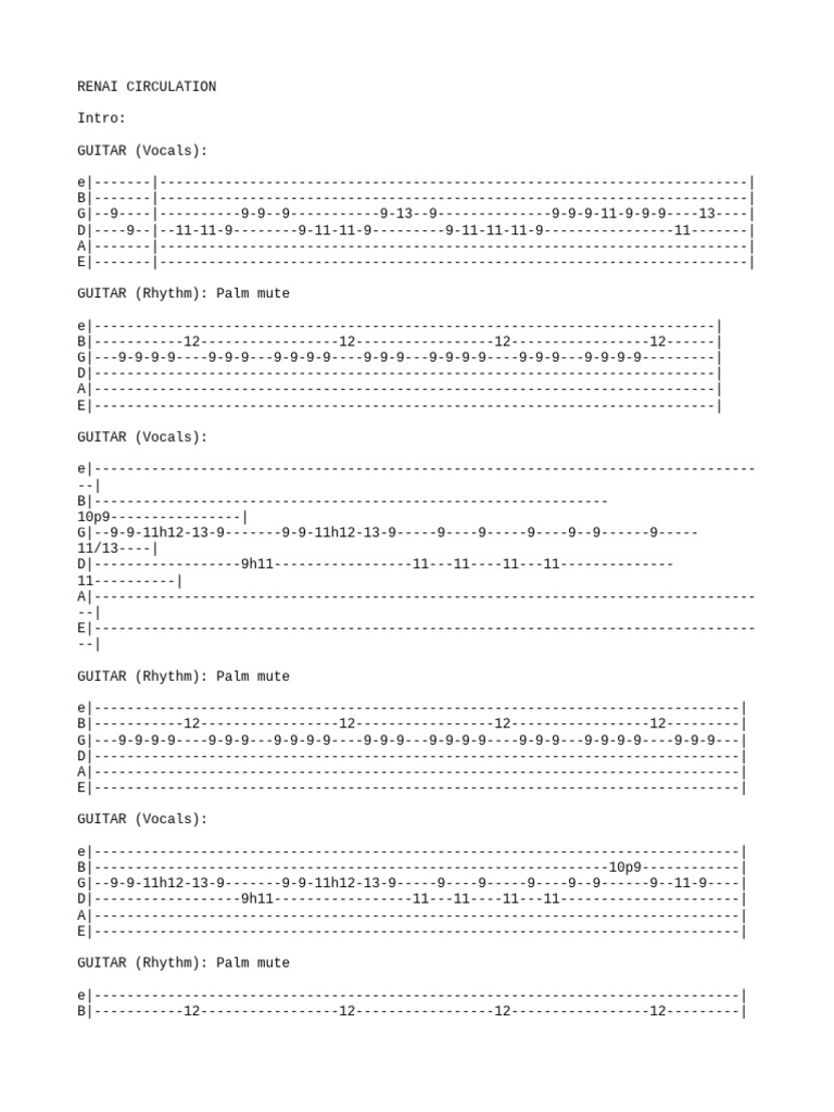 Renai Circulation Guitar Tabs | PDF | Song Structure | Rock Songs