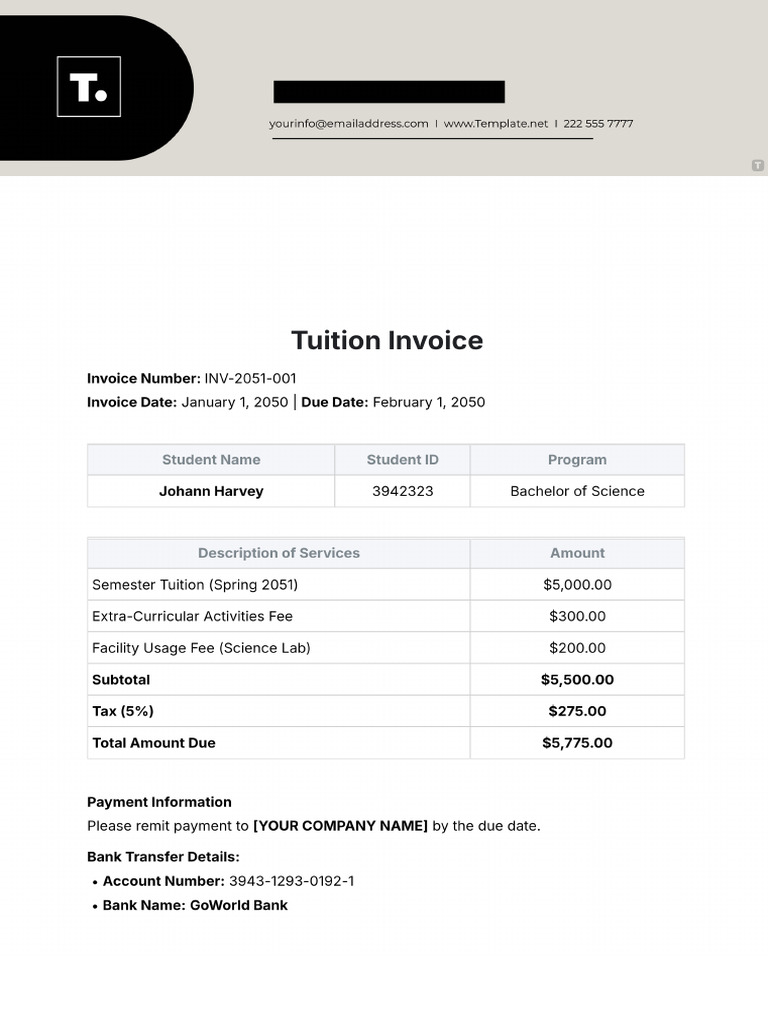 Tuition Invoice Template | PDF