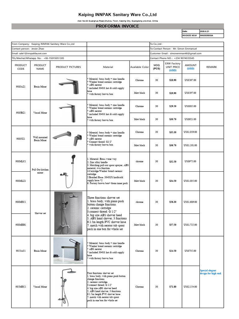 Proforma Invoice for INNPAK Sanitary Ware | PDF | Brass | Shower