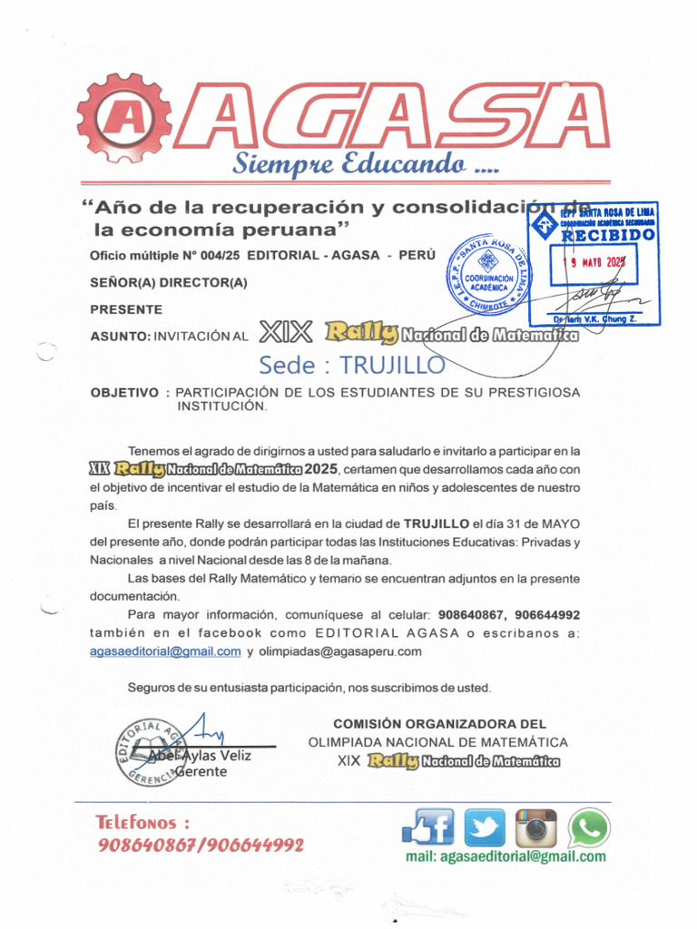 Autorización para Participación Xix Rally Nacional de Matemática - Trujillo - Edit. Agasa | PDF