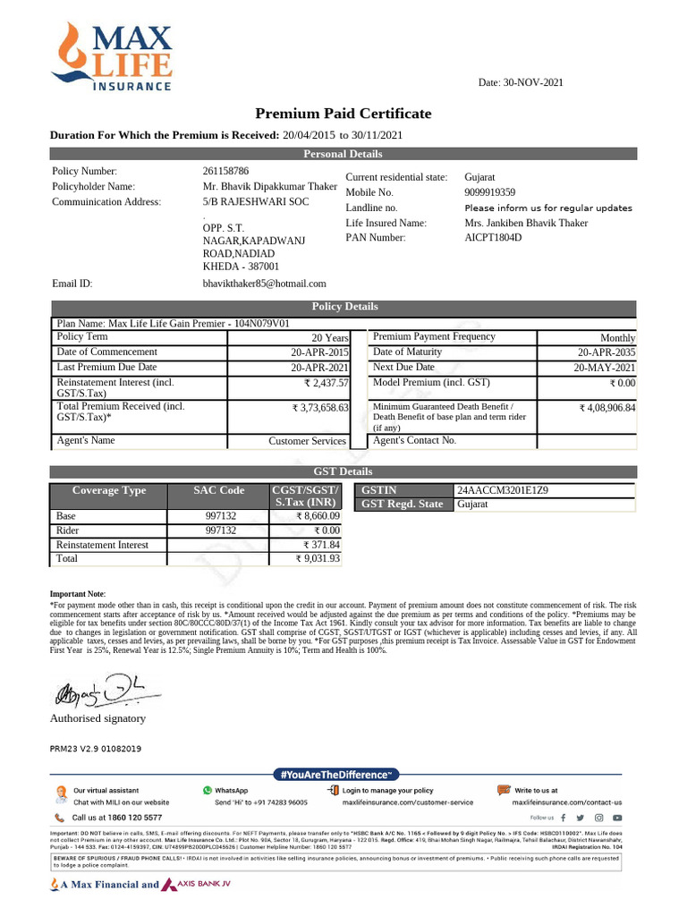 Max Life Total Premium Receipt | PDF | Insurance | Taxes
