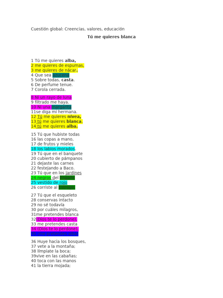 Análisis de "Tú me quieres blanca" | PDF