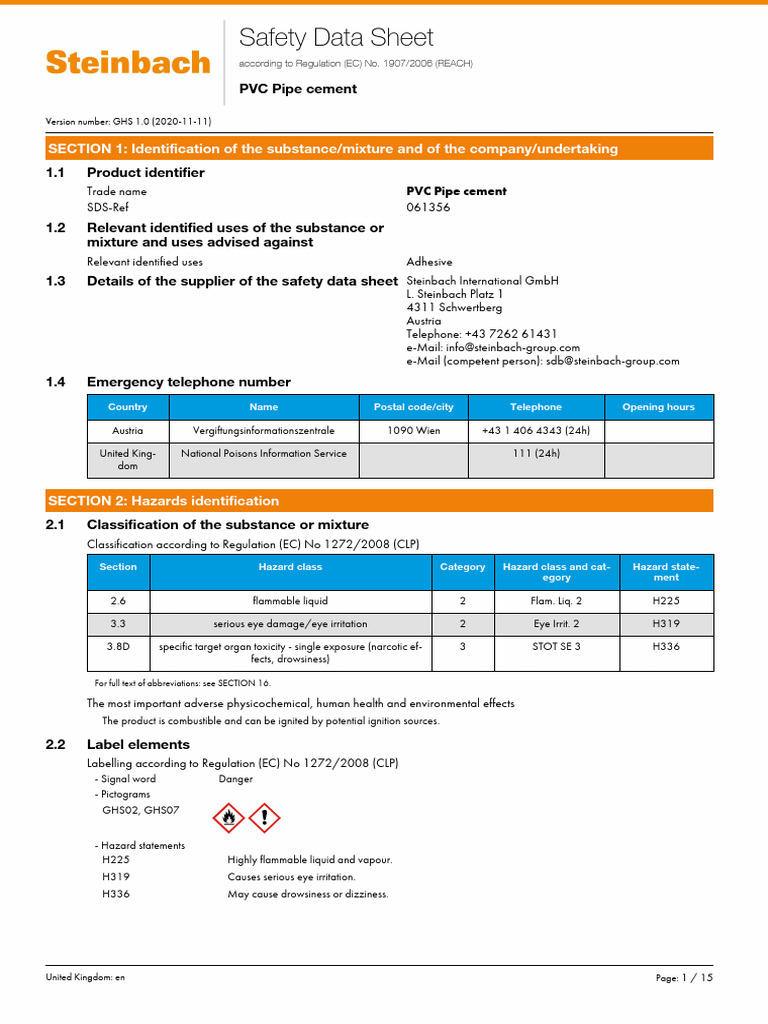 SDS - 061356 - GB en PVC Pipe Cement 2020-11-11 | PDF | Dangerous Goods ...