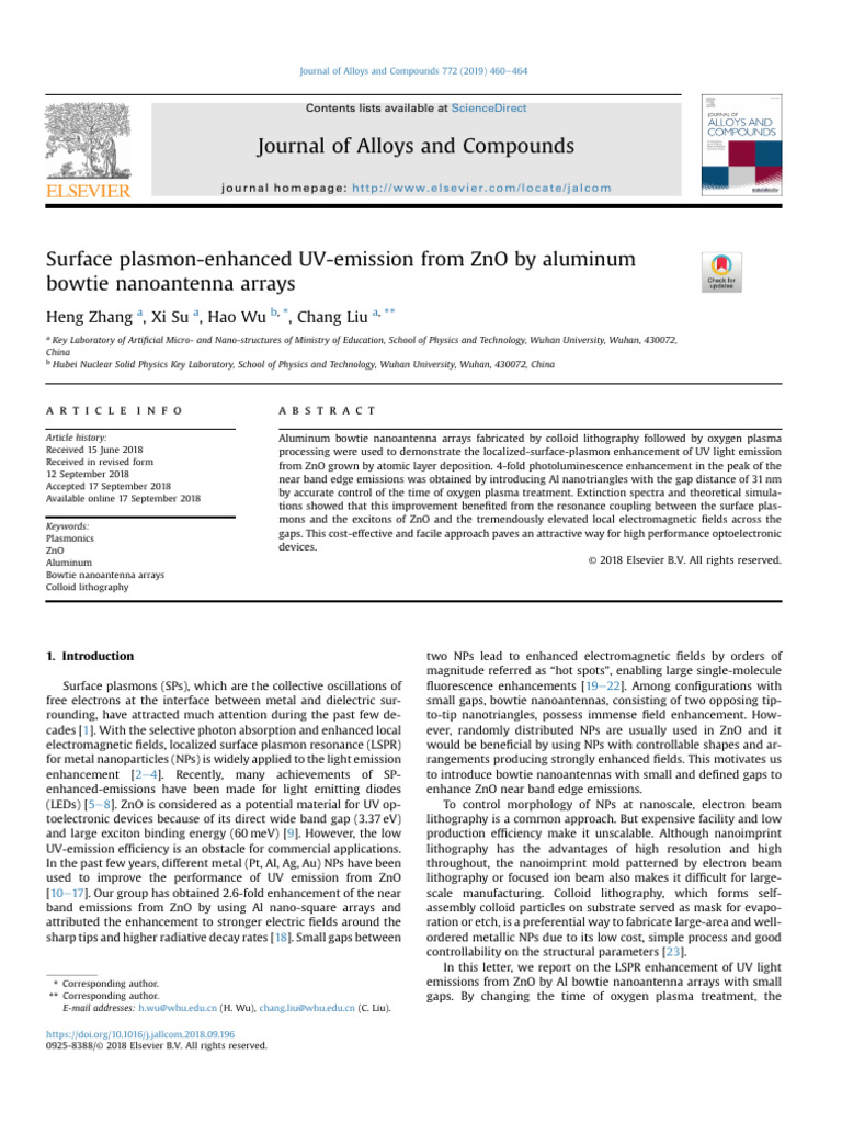 Surface Plasmon Enhanced UV Emission From ZnO Aluminum Bowtie Nanoantenna Arrays | PDF | Surface ...
