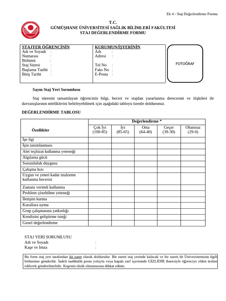 Ek 4 Staj Degerlendirme Formu | PDF
