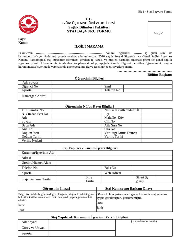 Ek 1 Guncel Staj Basvuru Formu | PDF