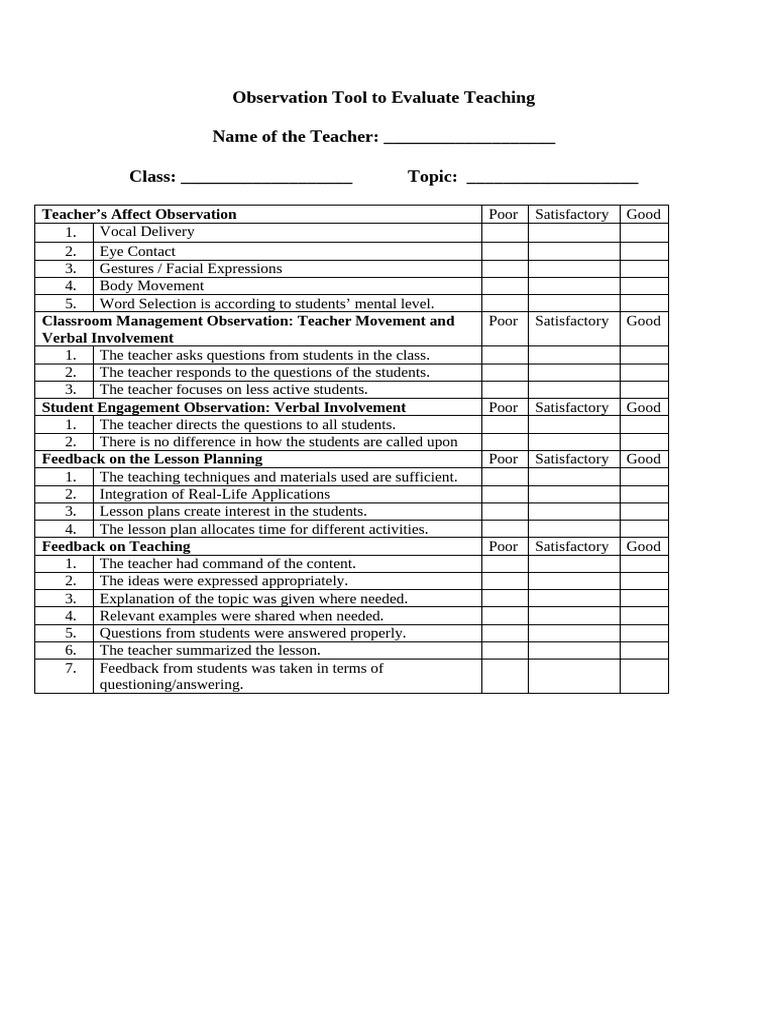 Teacher Evaluation Observation Tool | PDF