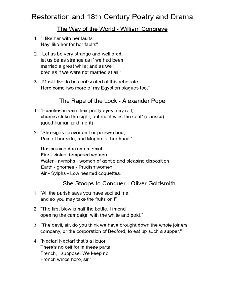 Restoration and 18th Century Poetry and Drama and Fiction | PDF