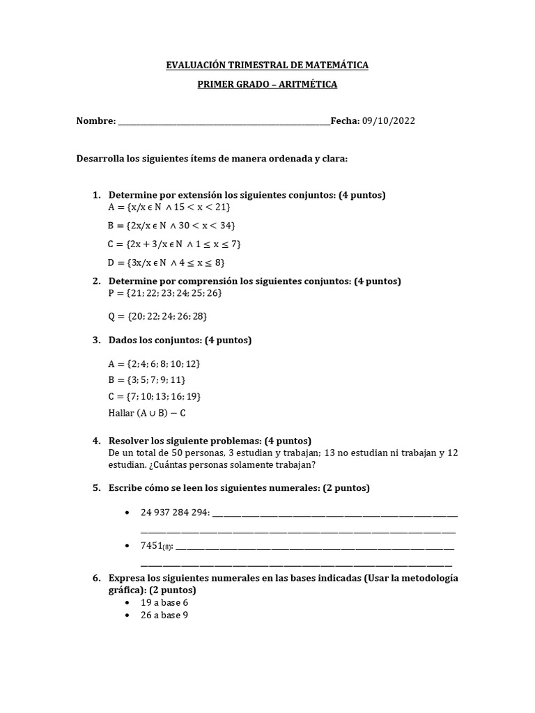 Evaluacion de Matemática 1° (Jul-Set) | PDF