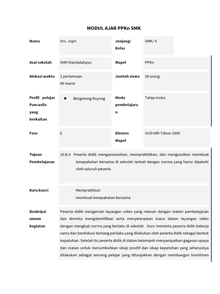 Modul Ajar PPKN KLS X Pak Jupri | PDF